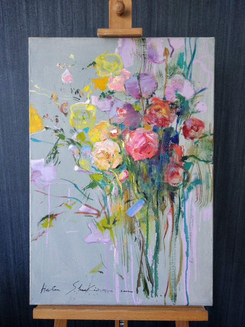 Painting Roses Large Impressionistic Flowers Pink Flowers on Navy Blue ...