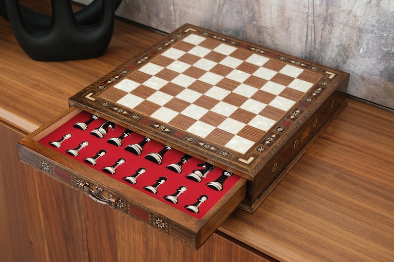 Luxury Handmade Chess Board: Walnut With Metal Pieces, Drawer Included ...