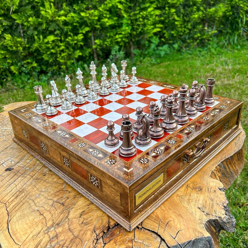 Luxury Handmade Chess Board: Walnut With Metal Pieces, Drawer Included ...