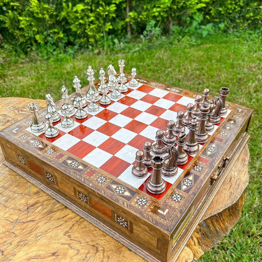 Decorative Chess Set With Storage, Handmade Wooden Board, Luxury Metal ...