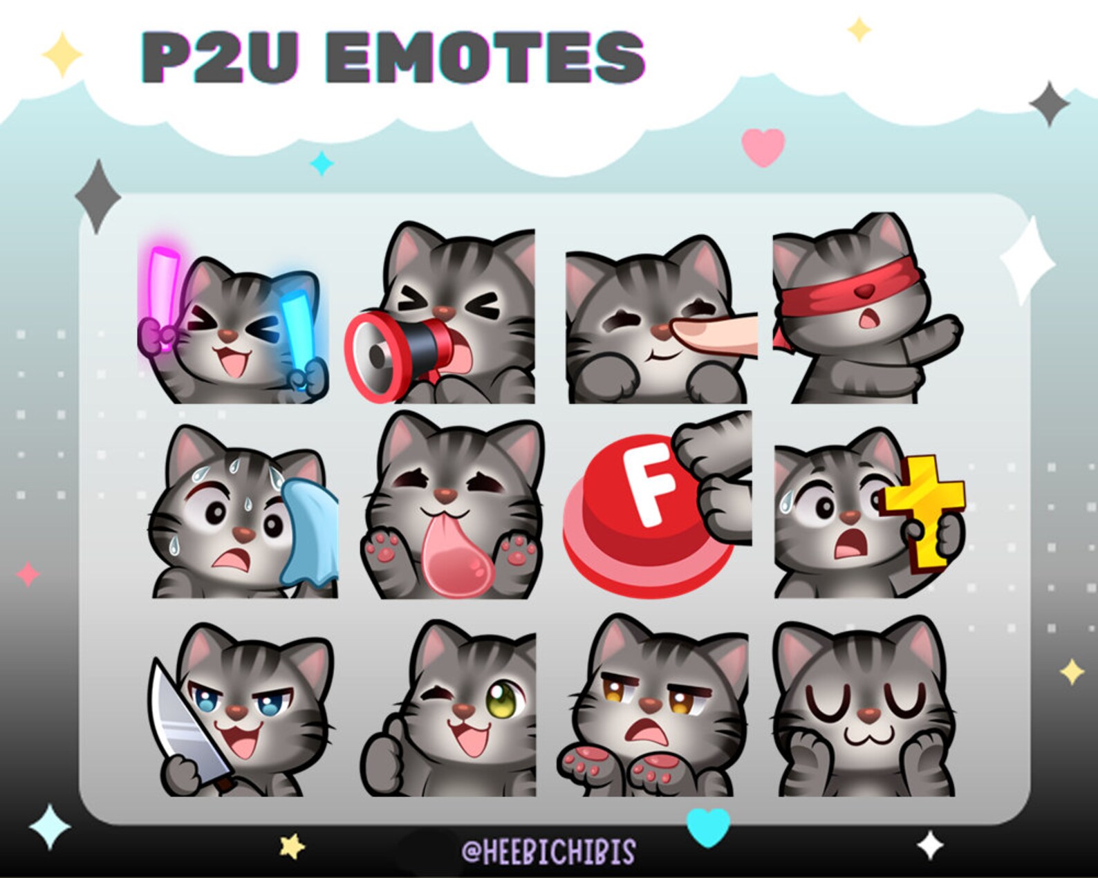 Gray Tabby Cat Twitch Emotes: Chibi Style Streamer Graphics (12 Emote ...