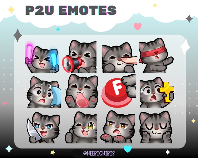 Gray Tabby Cat Twitch Emotes: Chibi Style Streamer Graphics (12 Emote ...