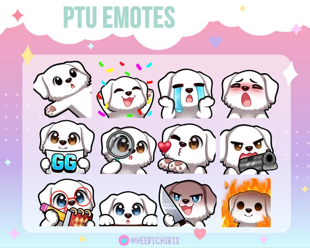 White Dog Twitch Emotes - 12 Chibi Dogs, 2 Eye Colors | Graphics for ...