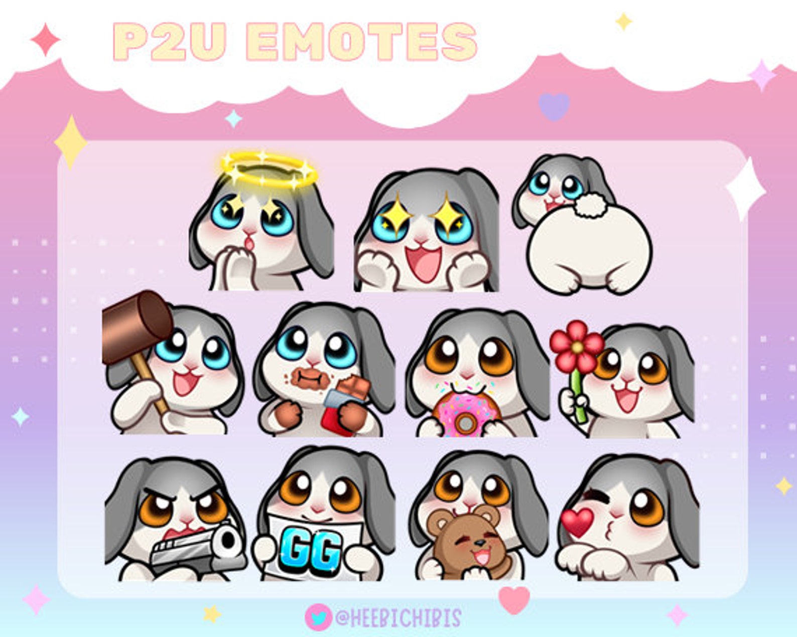 19 Floppy Gray White Bunny Twitch Emotes in 2 Eye Colors - Etsy