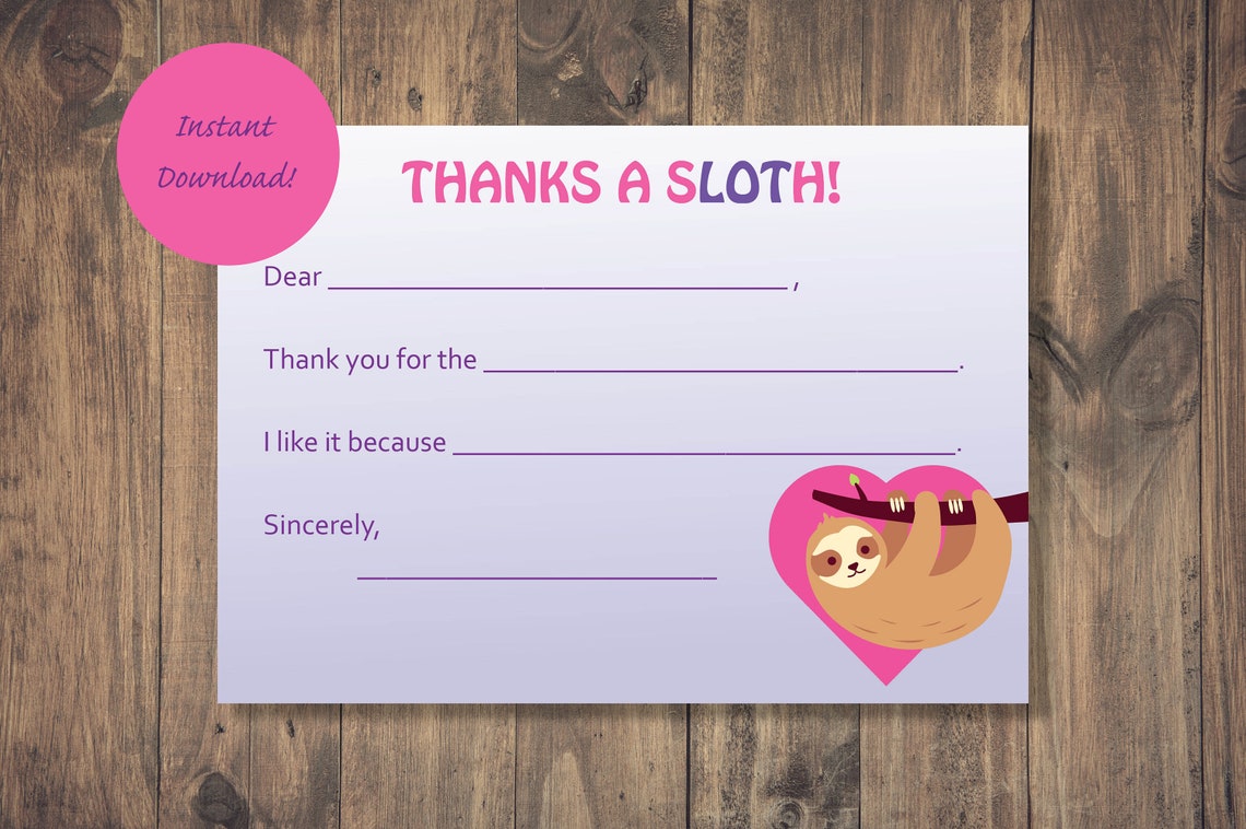 Sloth Fill in the Blank Thank You Card Kids Cute Birthday - Etsy