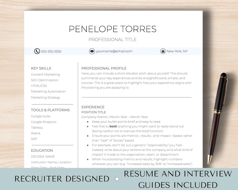 Modern Resume Template, CV, Cover Letter, Icons (google Docs, Word ...