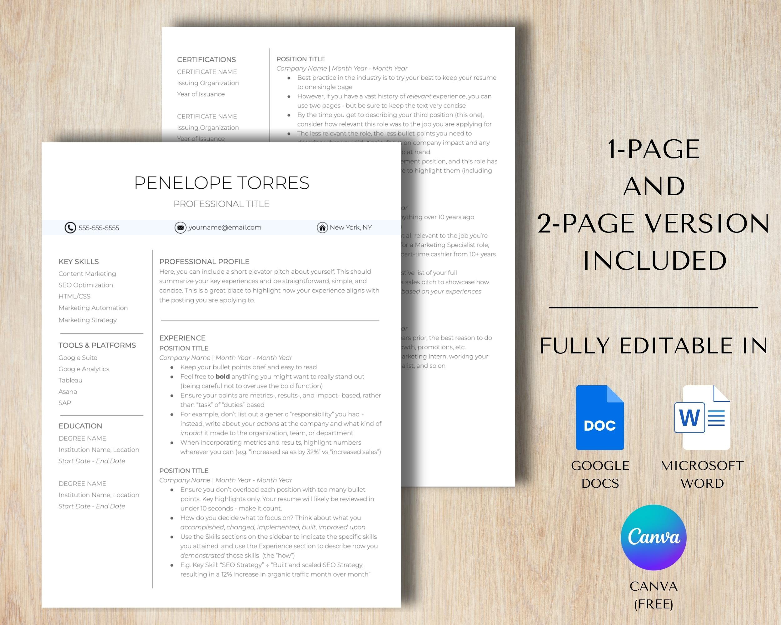 Simple Resume Template for Google Docs, Word, Canva, CV Curriculum ...