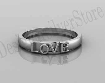 14K Gold Script Love Ring Silver Ring - Etsy