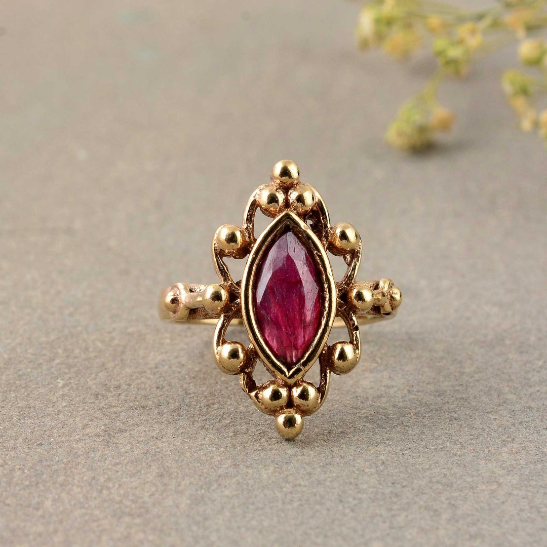 Marquise Cut Red Ruby Ring for Women, Antique Finish Handmade 925 ...
