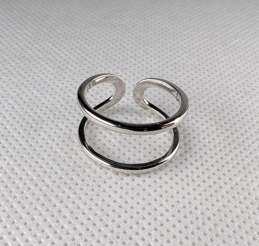 Minimalist Double Band Silver Ring, Adjustable Open Parallel Bar Ring ...