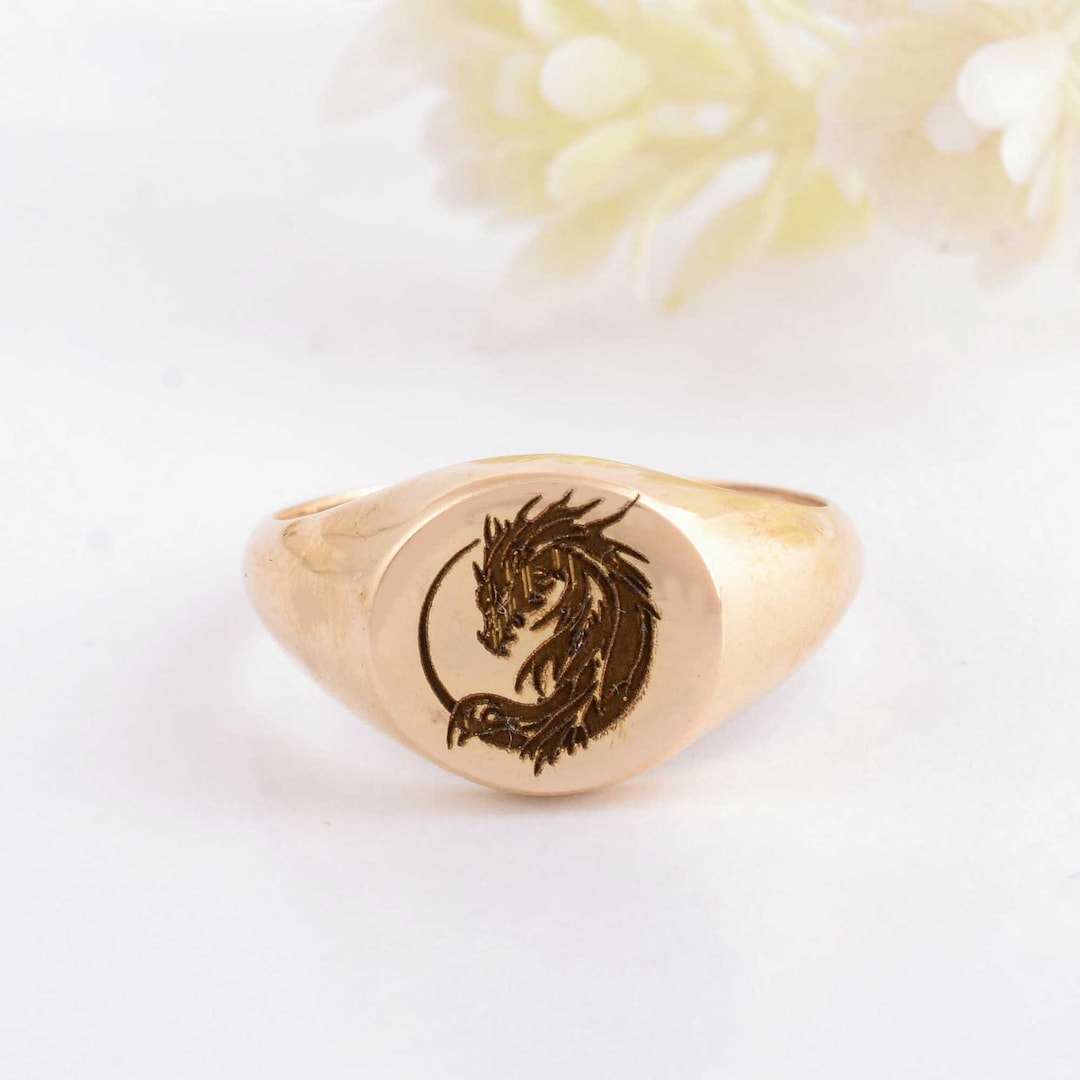 14K Solid Gold Chinese Dragon Engrave Signet Ring, 925 Silver Dragon ...