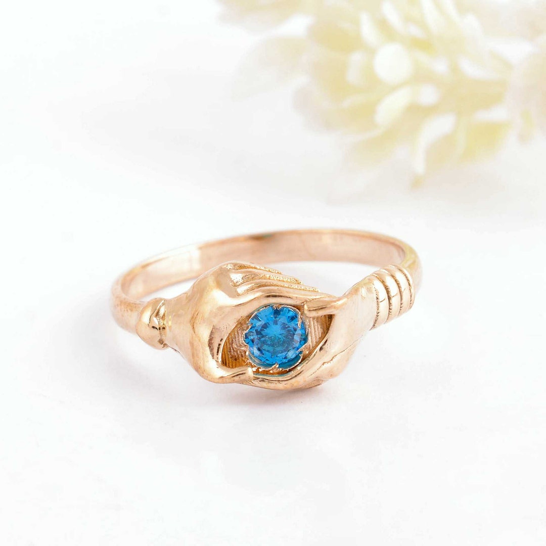 Handshake Ring, Sterling Silver Holding Hands Blue Topaz Gemstone Ring ...