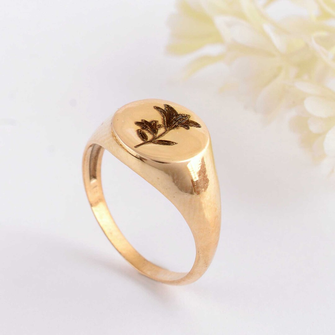 Handmade Birth Flower Signet Ring: Engraved Sterling Silver Floral Ring ...