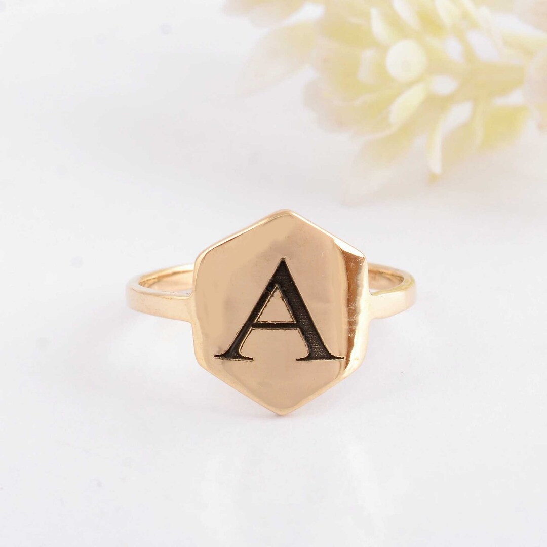 Hexagon Custom Letter 'A' Signet Ring, Personalized Engrave Signet Ring ...