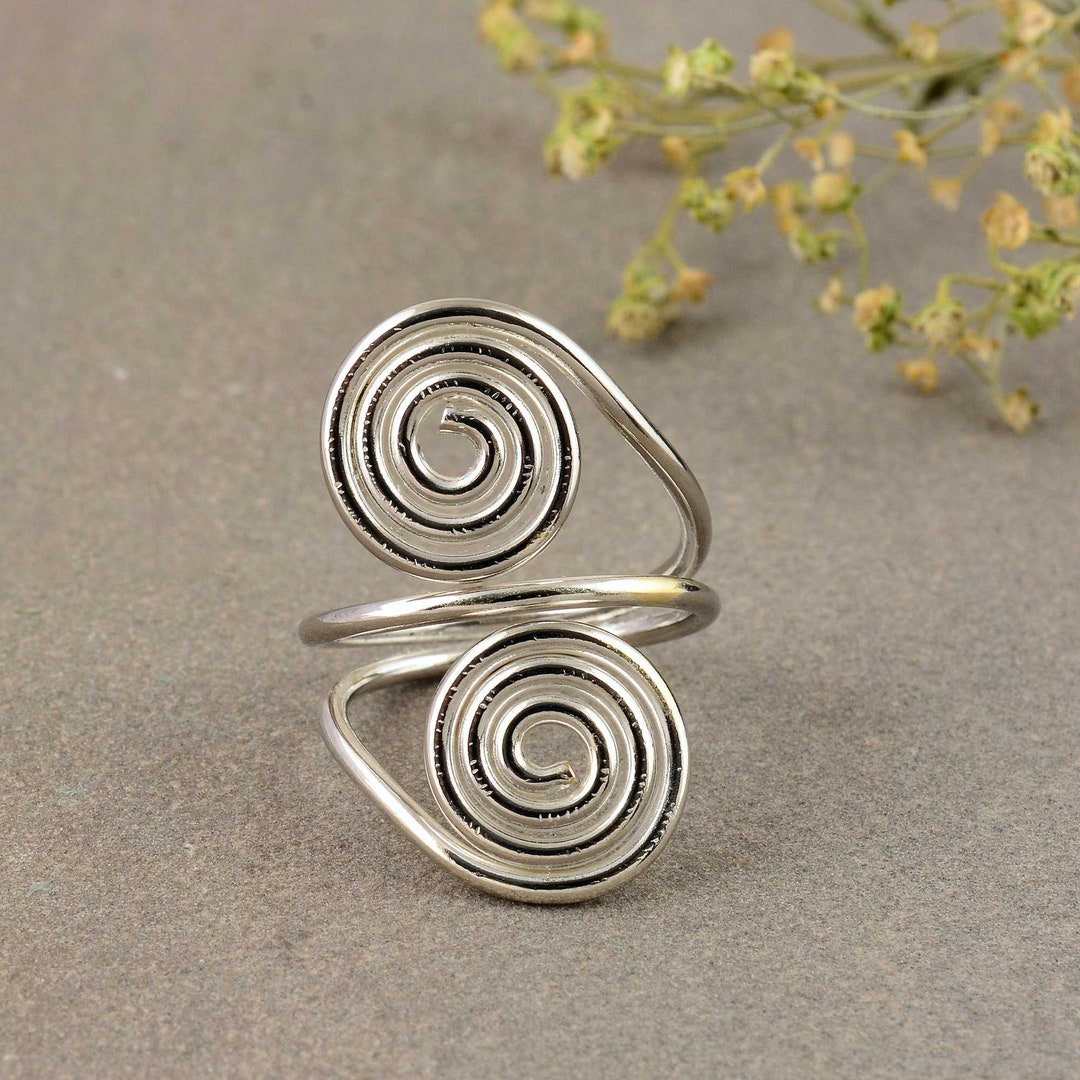 925 Silver Spiral Ring, Double Coil Spiral Ring, Adjustable Wire Wrap Ring, Gift for Her, Chunky ...
