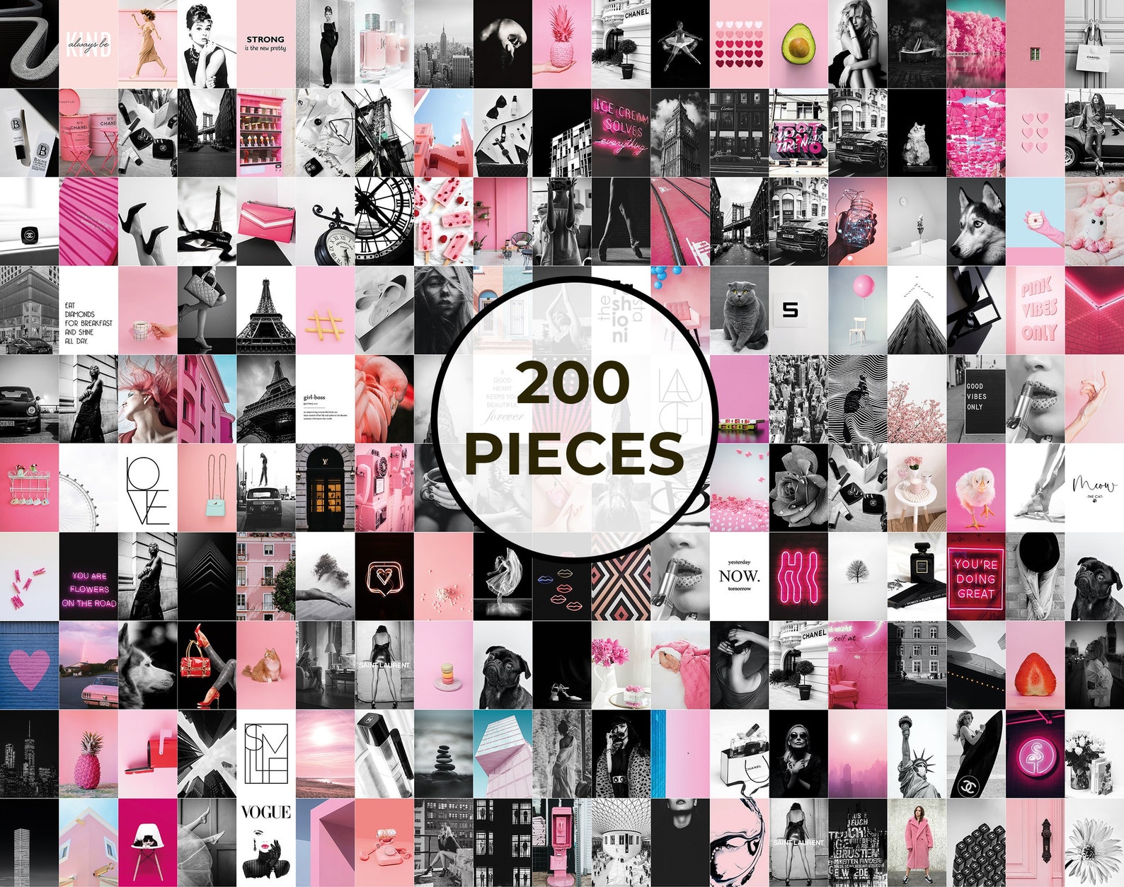 200 Pcs Pink Black White Wall Collage Kit Pink Wall Collage Black White ...
