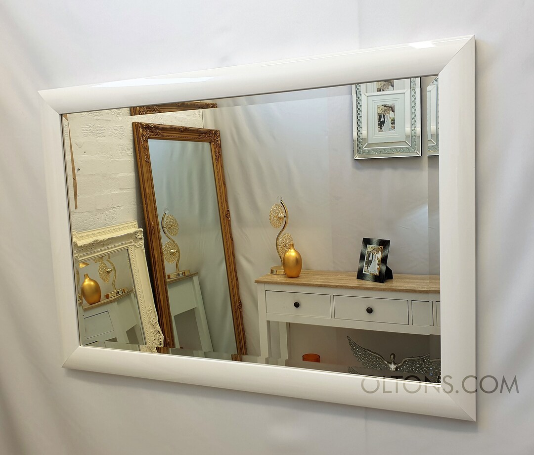 Plain White Gloss Shiny Finish Wood Frame Wall Mirror Bevelled Glass ...