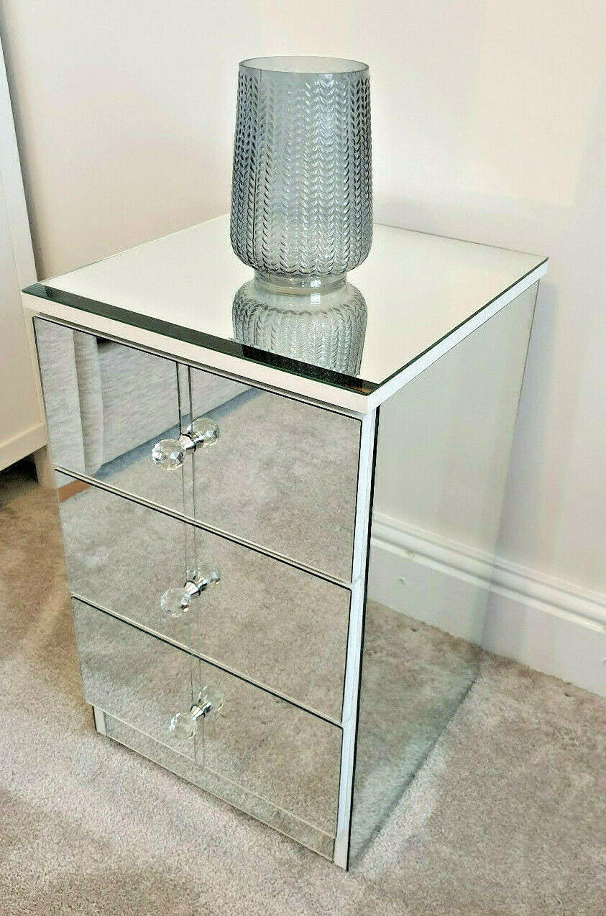 3 Drawer Bedside Unit Mirror Glass Bedroom Side Cabinet Chest White ...