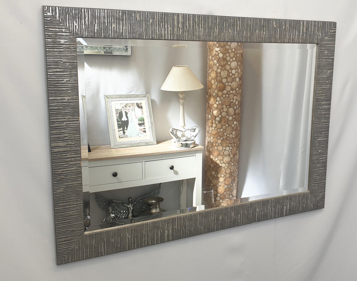 Blanca Modern Carved Design Wood Frame Grey Colour Wall Mirror Bevelled ...
