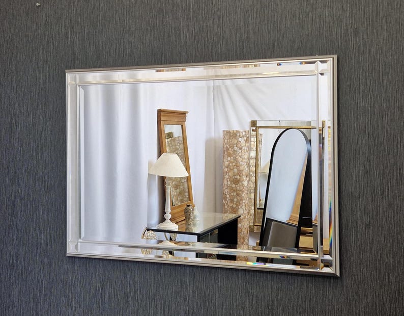 Modern Art Deco Rectangular Wall Mirror Silver Frame Bevelled Glass ...