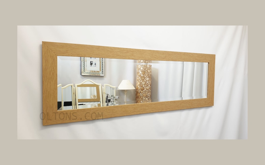 OLTONS Natural Oak Finish Wood Frame Wall Mirror Rectangular Bevelled ...