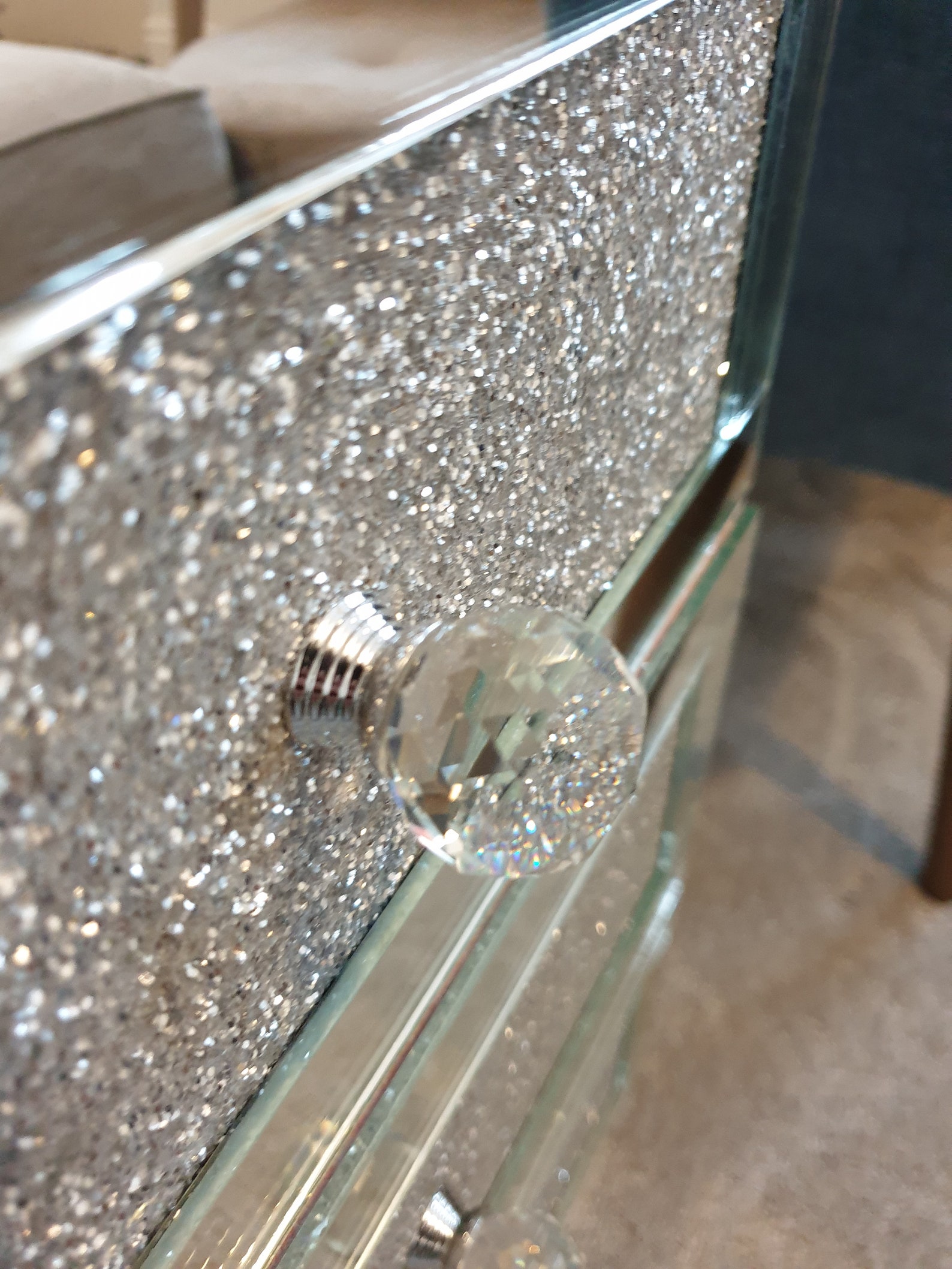Silver Glitter Mirror Glass Bedside Table Cabinet 3 Drawer Chest Unit ...