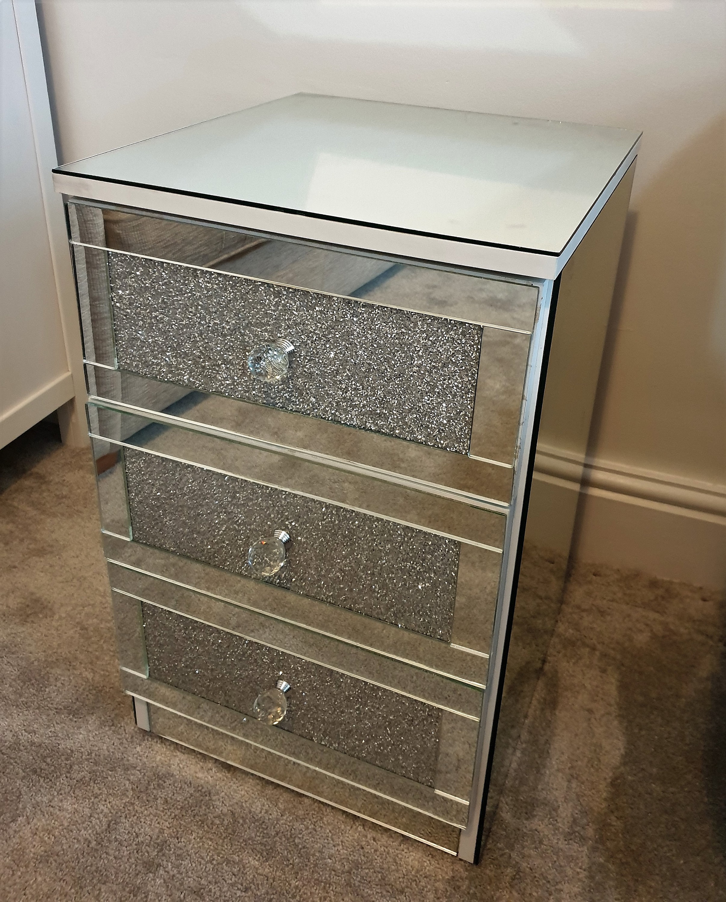 Silver Glitter Mirror Glass Bedside Table Cabinet 3 Drawer Chest Unit ...