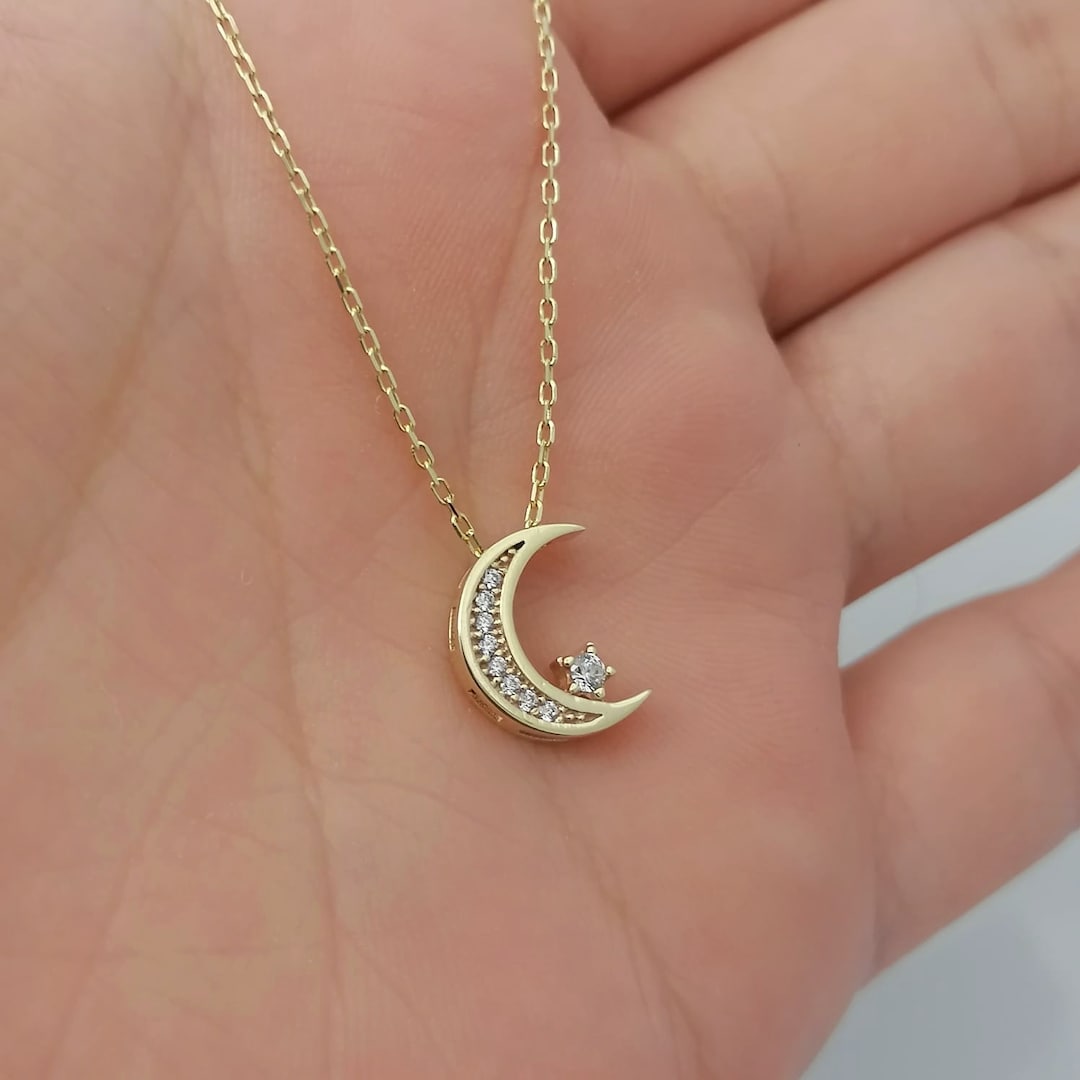14k Solid Gold Moon Star Necklace Crescent Gold Necklace Dainty Gold