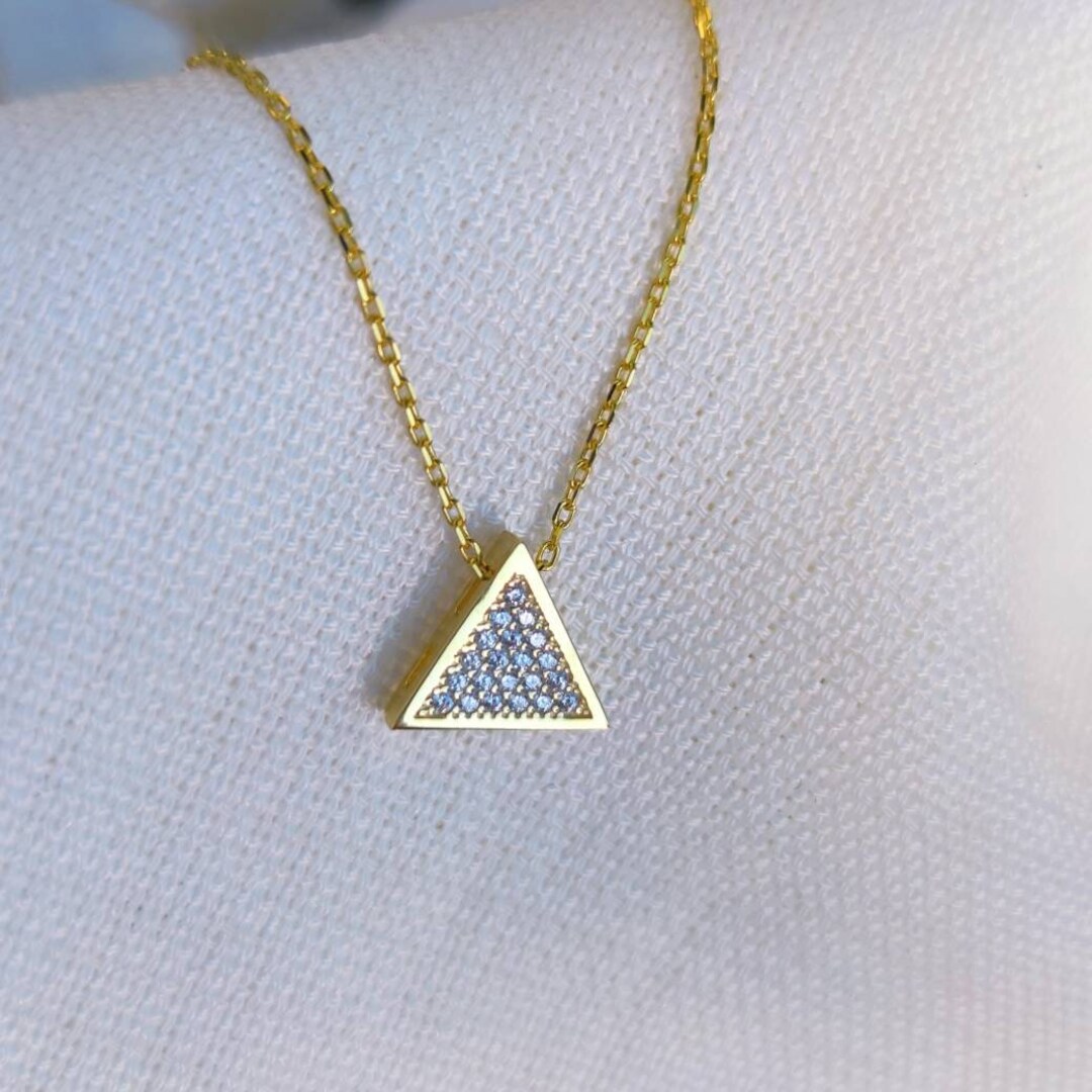 14K Solid Gold Triangle Necklace, Dainty Gold Geometric Pendant, Unique ...