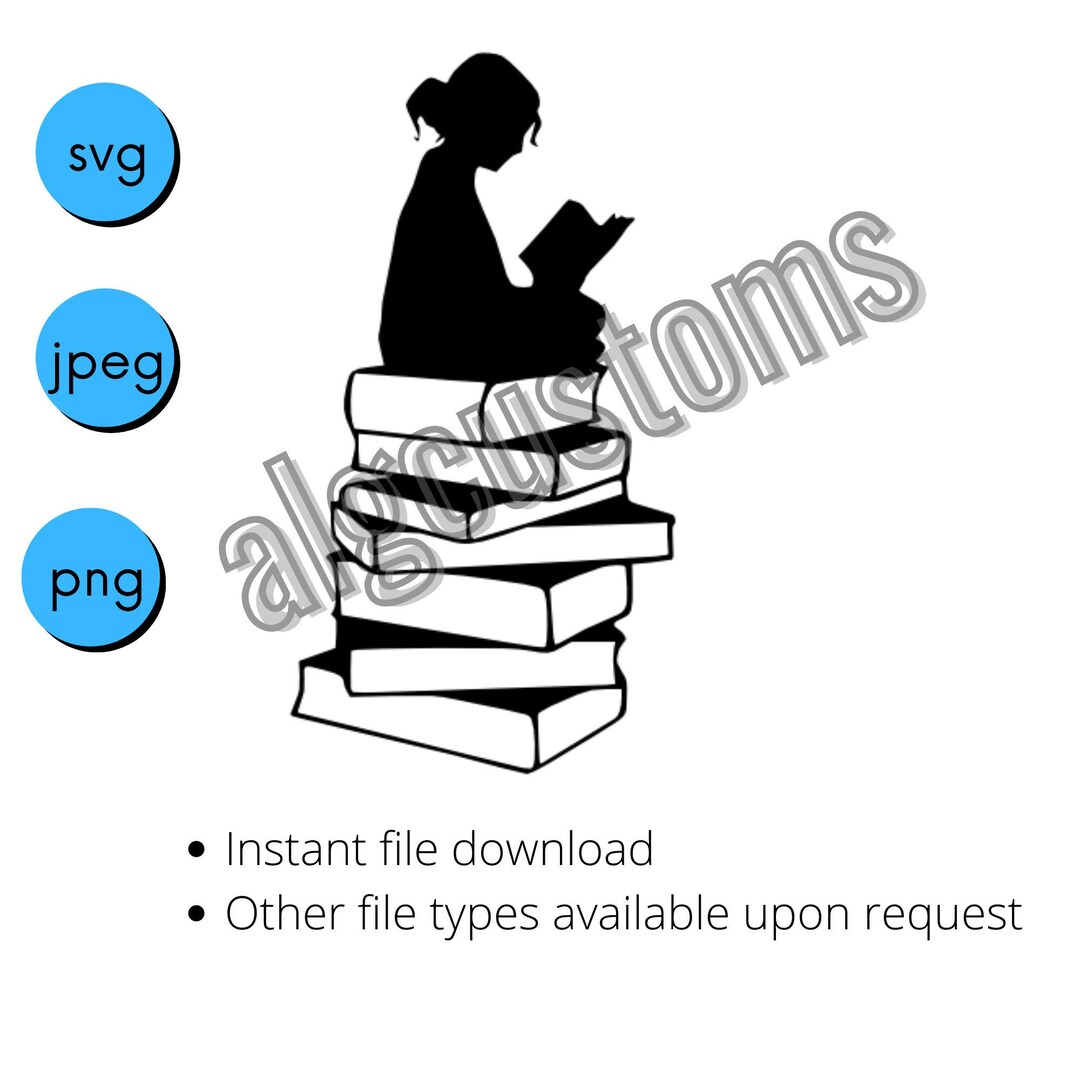 Reader on Stack of Books Librarian Book Lover Book Worm- Stencil Svg ...