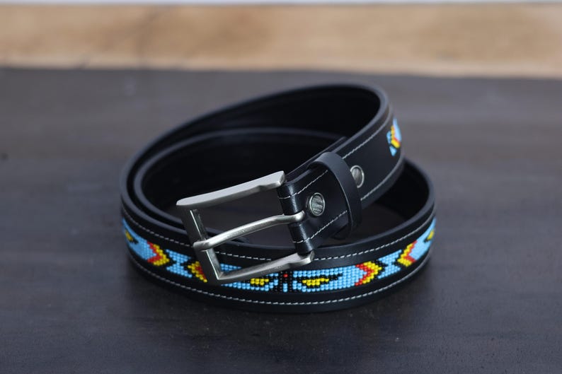 Personalized Beaded Western Leather Belt — Turquoise X-arrow Chevron ...