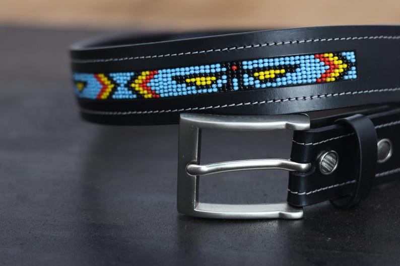 Personalized Beaded Western Leather Belt — Turquoise X-arrow Chevron ...