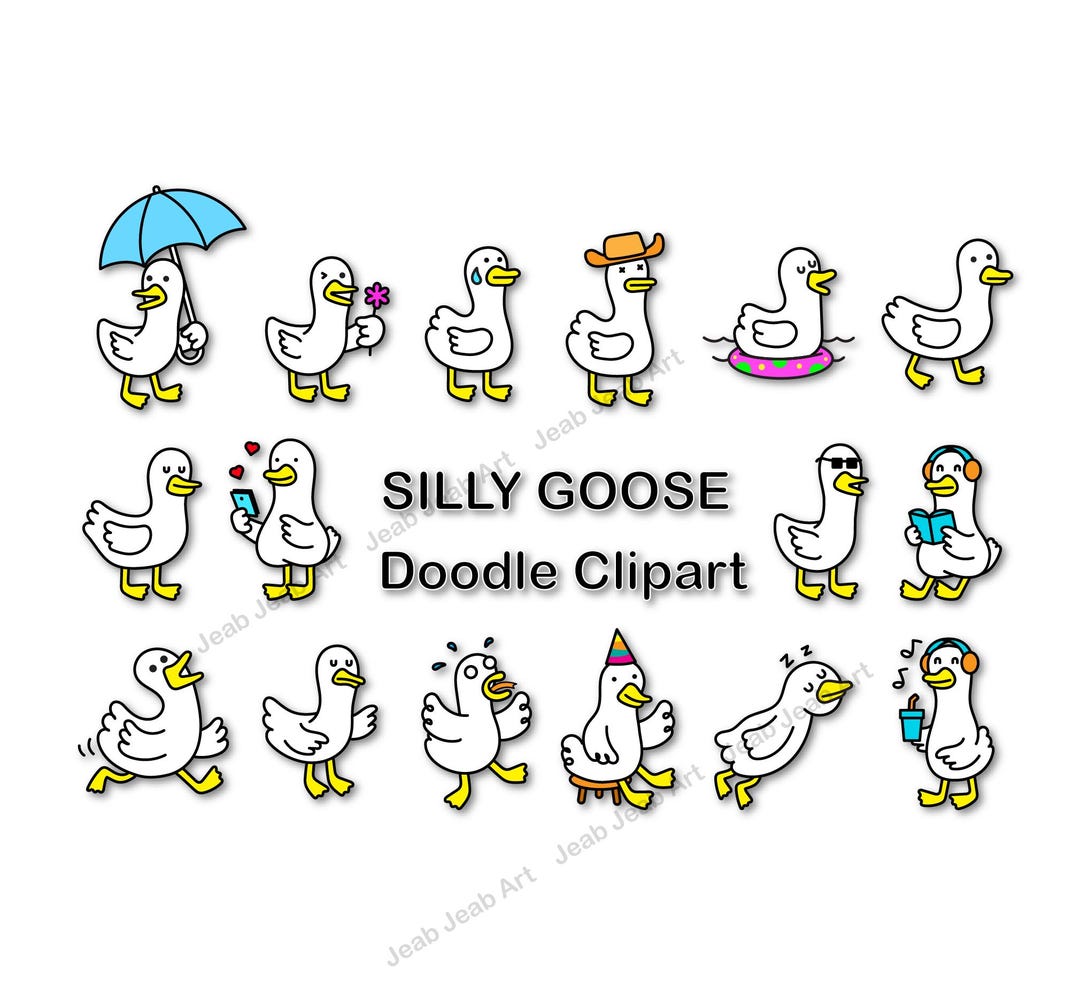 Funny Silly Goose Doodle Clipart Bundle, 16 Cute Goose Poses, Minimal ...