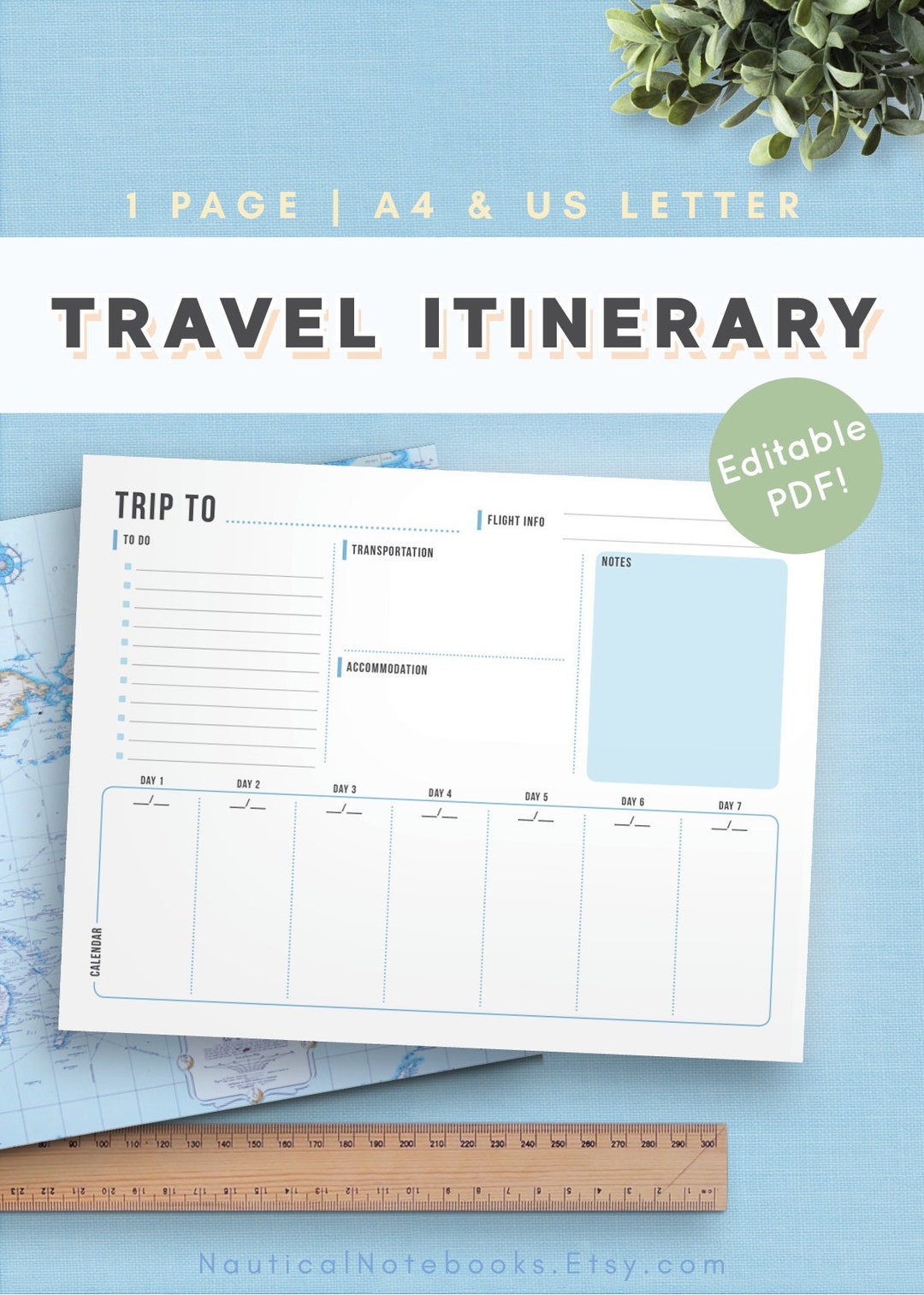 Travel Itinerary Template | Printable Vacation Trip Planner | Wedding ...