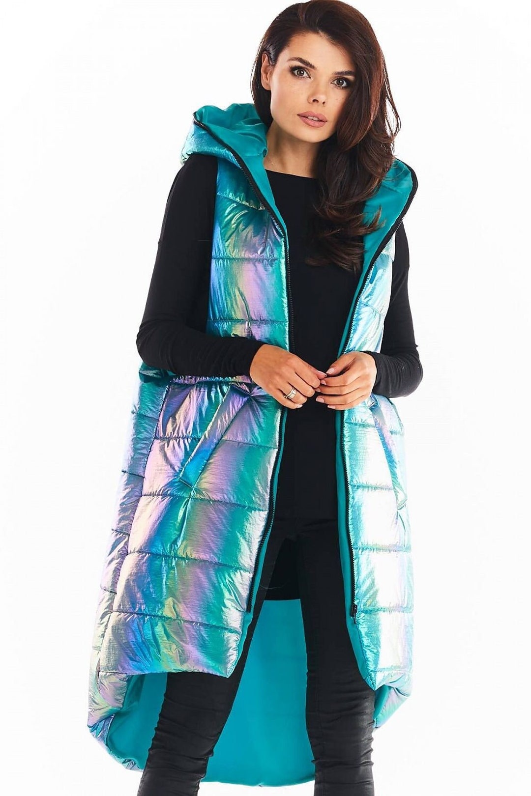 HOLOGRAPHIC Vest With Pockets, Fall Vest, Hooded Womens Vest, Gothic ...