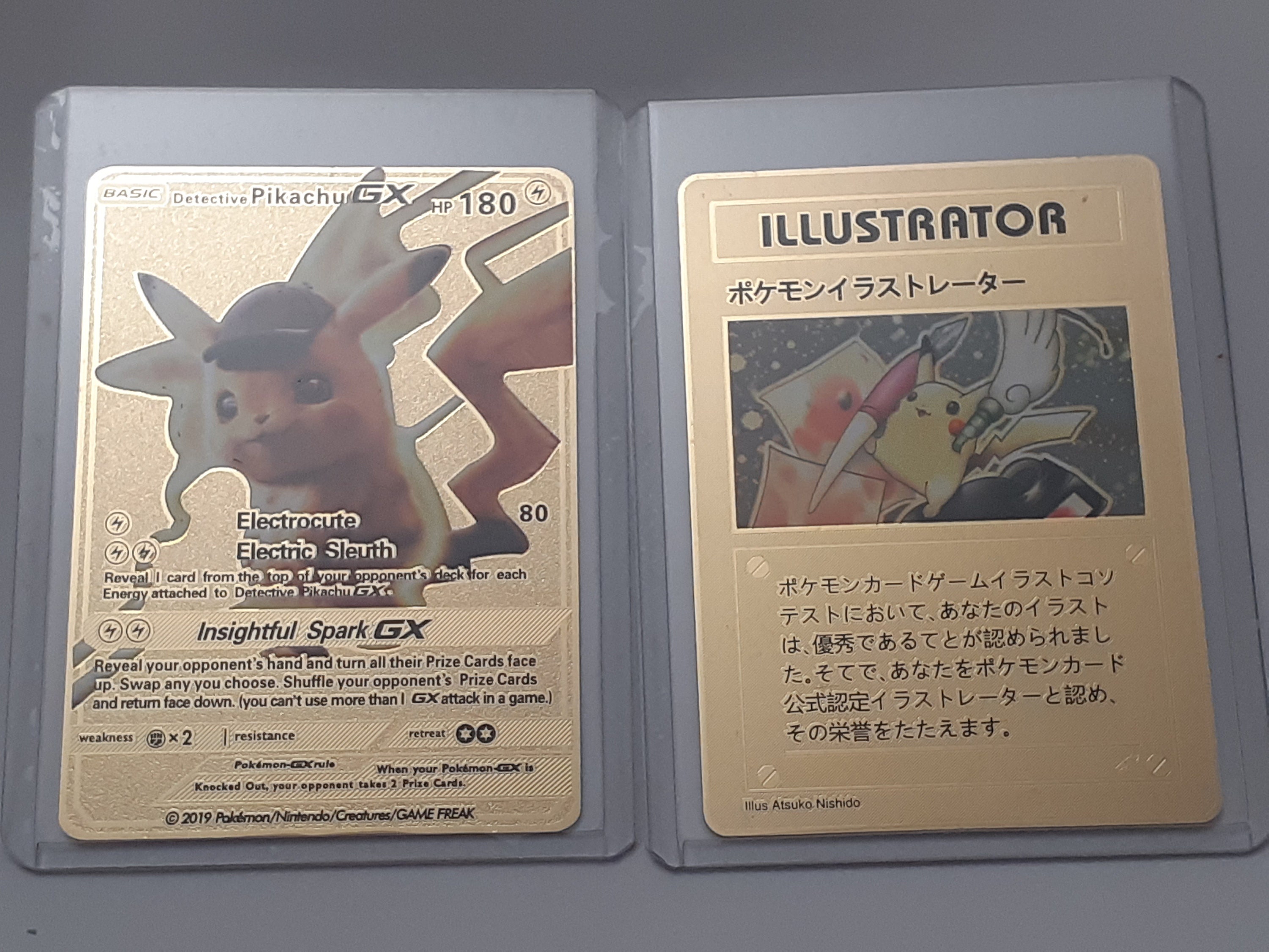 Illustrator and Detective Pikachu GX Pokemon Gold Metal Card Display ...