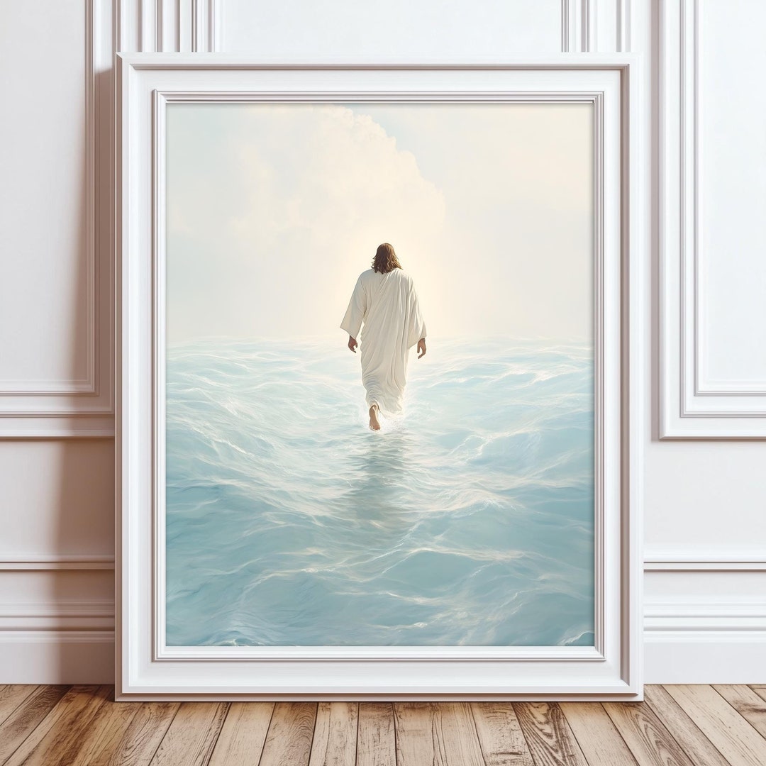 Jesus Christ Savior Walking Blue Water Seen From Behind Bible ...