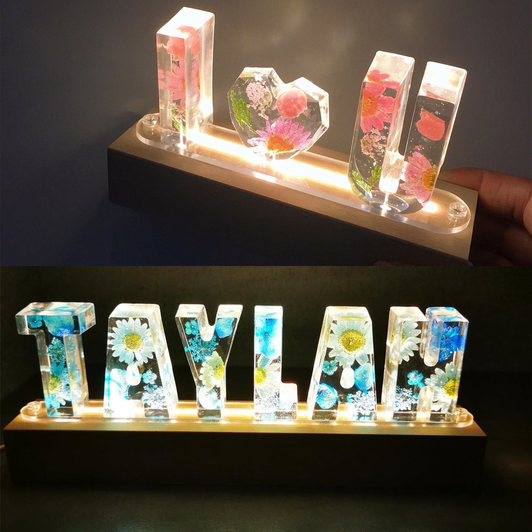 Real Flower Name Lamp,custom Color Letter Dried Flower Resin Nightlight ...