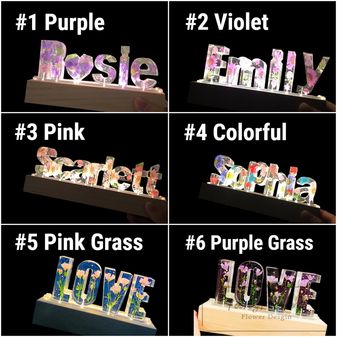 Real Flower Name Lampcustom Color Letter Dried Flower Resin - Etsy