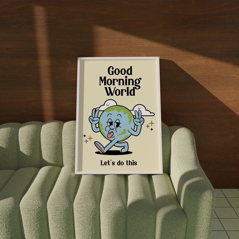Good Morning World Retro Quote Wall Print, Positive Quotes Wall Art ...