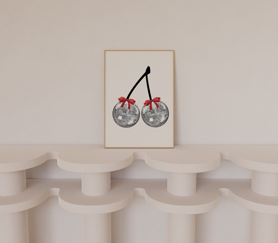 Retro Cherry Disco Balls Print Set, Cherry With Red Bow, Cherry Wall ...
