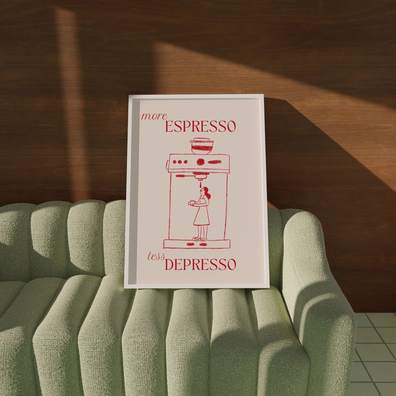 More Espresso Less Depresso Print, Red Retro Quote Poster, Retro Coffee ...