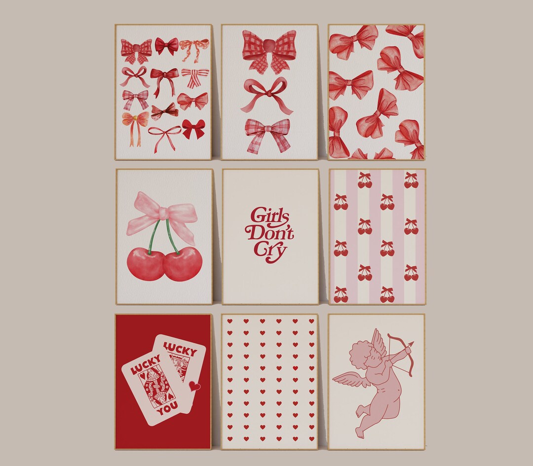 Red Trendy Wall Art, Red Bow Printable, Coquette Pink Bow Bedroom Decor ...