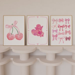 Pink Girly Room Decor, Trendy Pink Bows Wall Art Set of 9, Watercolor ...