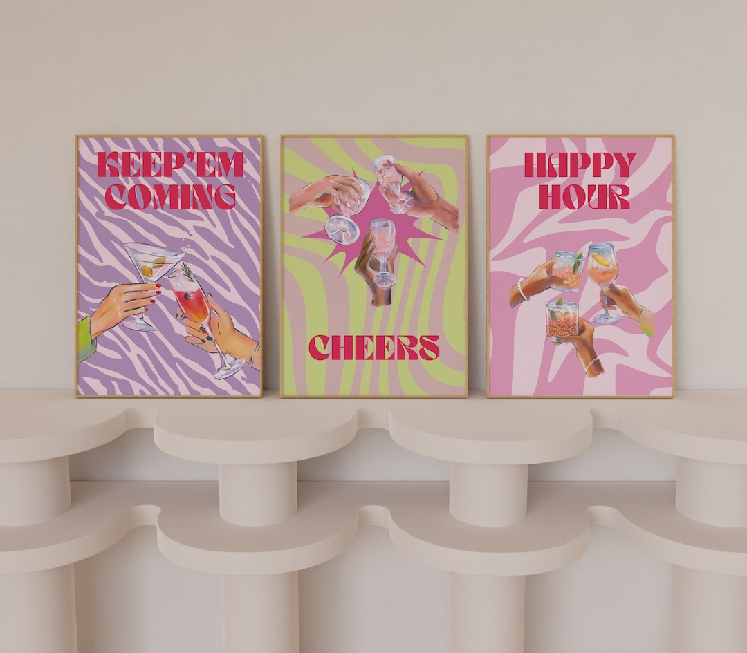 Trendy Bar Cart Set, Cocktail Print Set of 3, Happy Hour Print, Keep Em ...