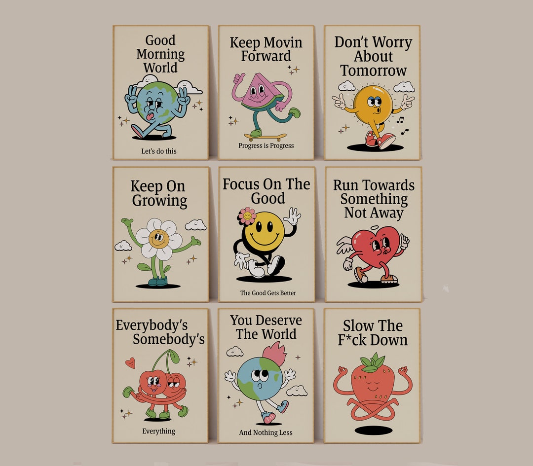 Retro Printable Wall Art Set of 9, Retro Quote Wall Print, Vintage ...