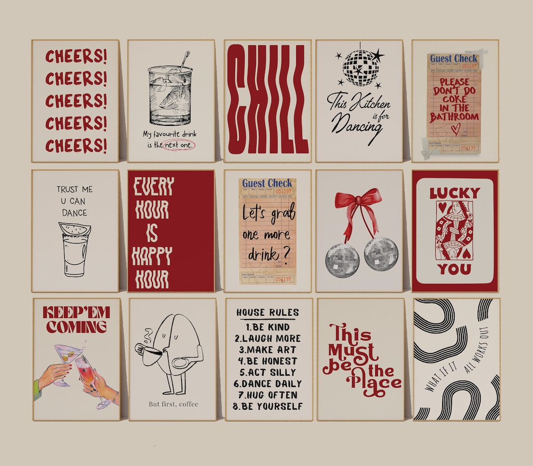 Bar Cart Prints Set 15, Retro Trendy Wall Art, Preppy Y2k Room Decor ...
