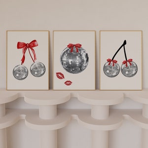 Retro Cherry Disco Balls Print Set, Cherry With Red Bow, Cherry Wall ...