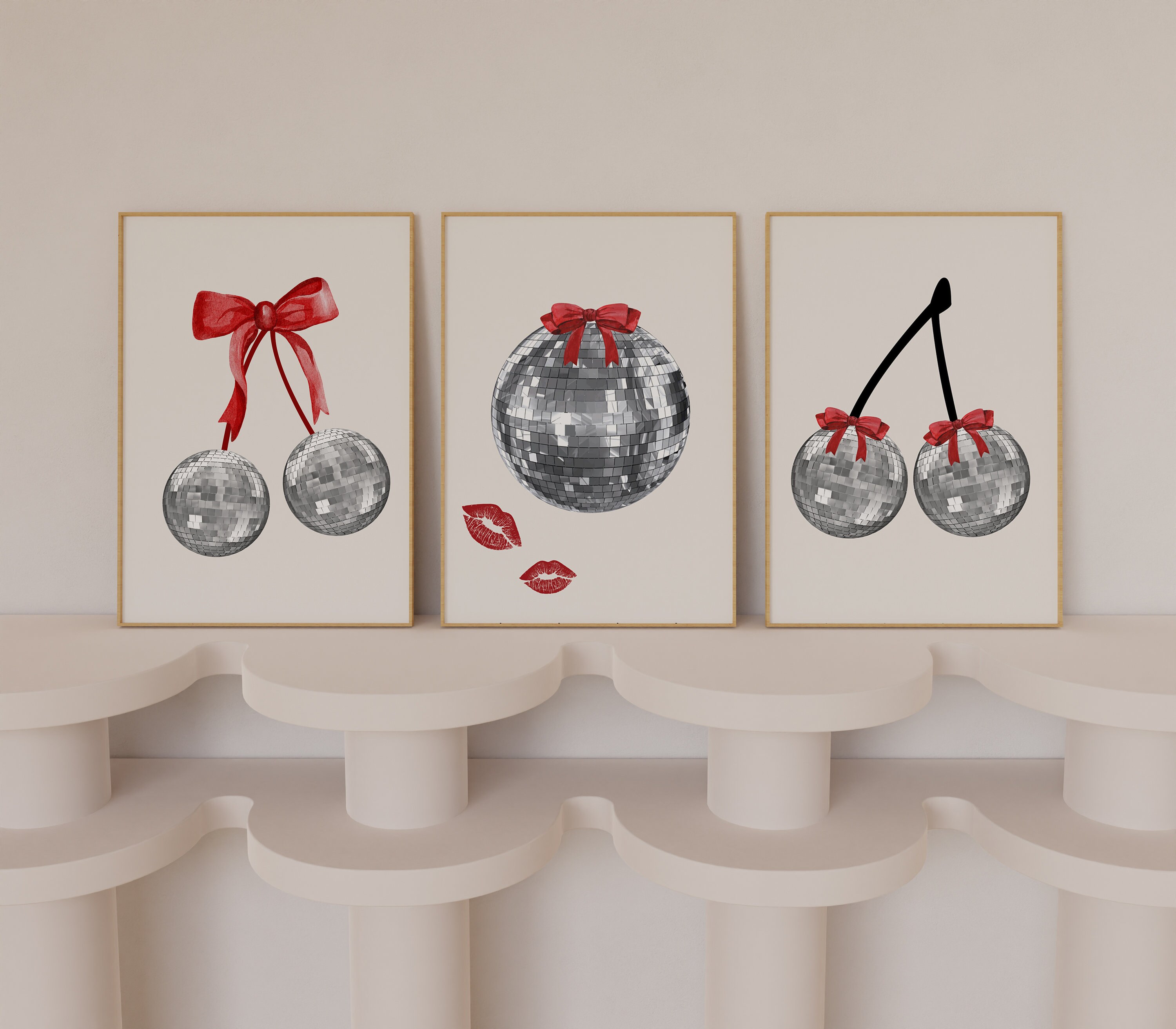 Retro Cherry Disco Balls Print Set, Cherry With Red Bow, Cherry Wall ...