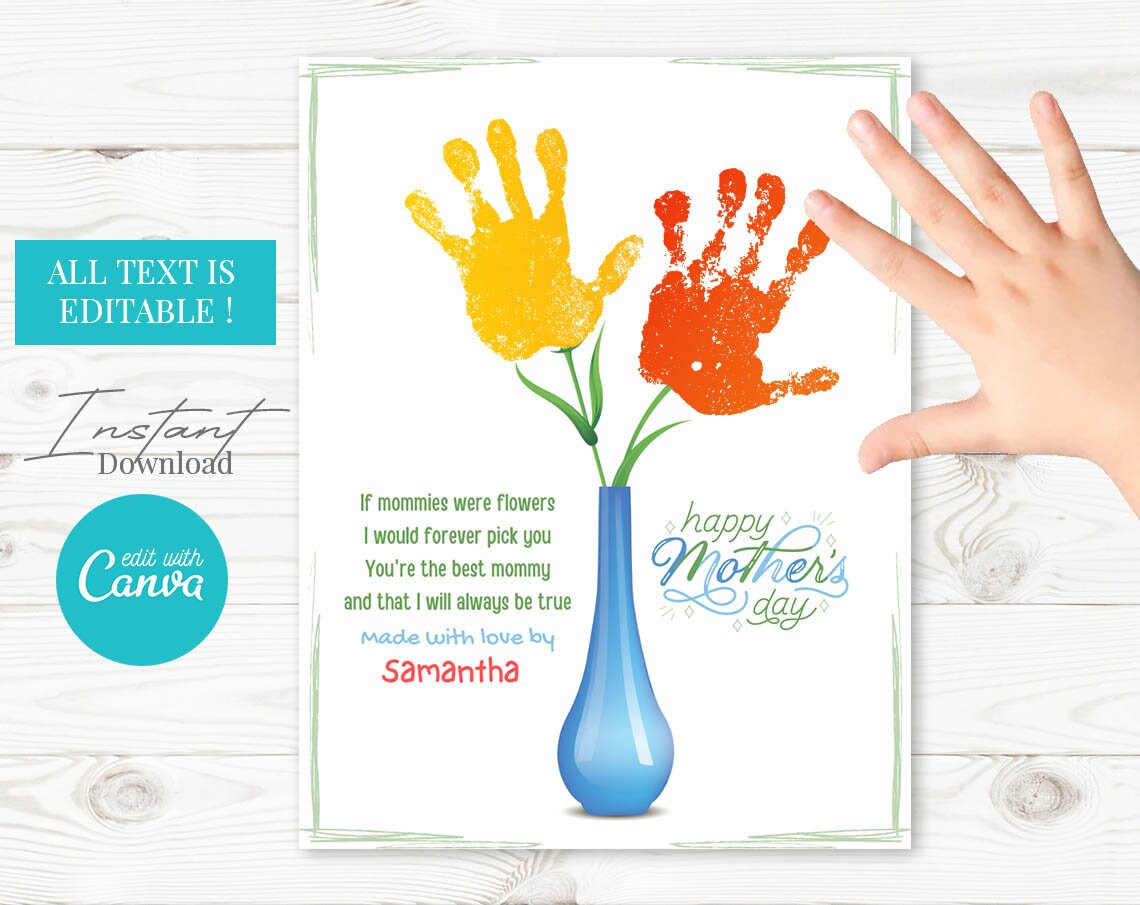 Printable Handprint Crafts for Mother's Day Gift, Editable Handprint ...